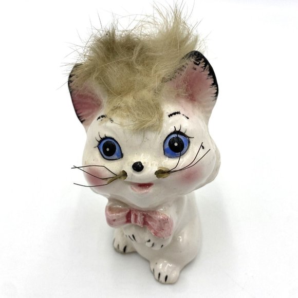 Japan | Accents | Vintage White Cat Kitten Figure Wire Whiskers Fur ...